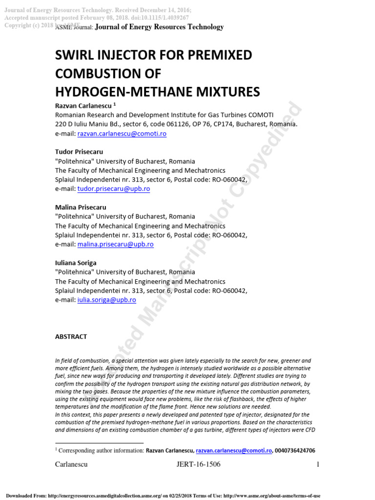 2018 - Carlanescu - Swirl Injector For Premixed Combustion of Hydrogen-Methane Mixtures | PDF ...