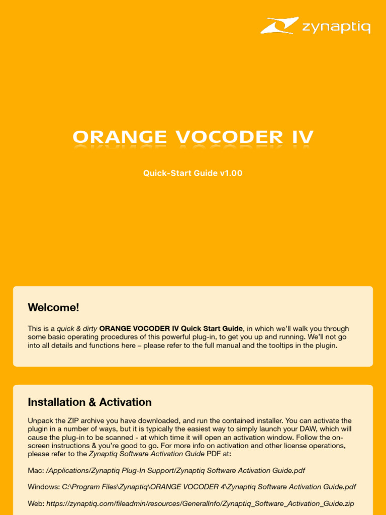 Orange Vocoder IV Quick-Start Guide | PDF | Synthesizer | Installation ...
