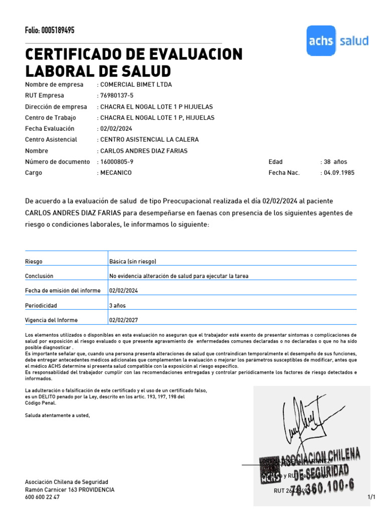 Certificado de Evaluacion Laboral de Salud: Folio: 0005189495 | Descargar gratis PDF ...