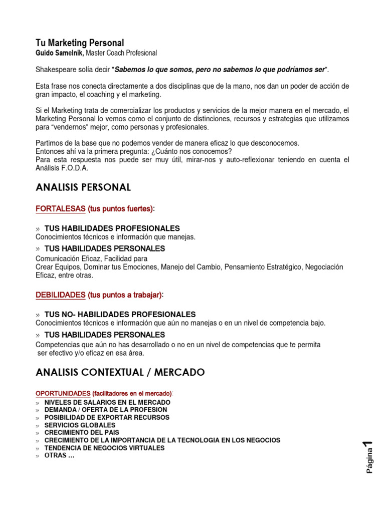 Guido Samelnik - Marketing Personal | PDF | Marketing | Análisis FODA