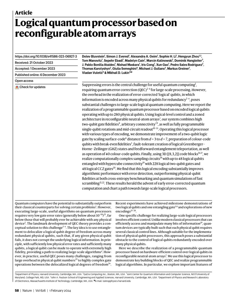Logical Quantum Processor Based On Reconfigurable Atom Arrays | PDF ...