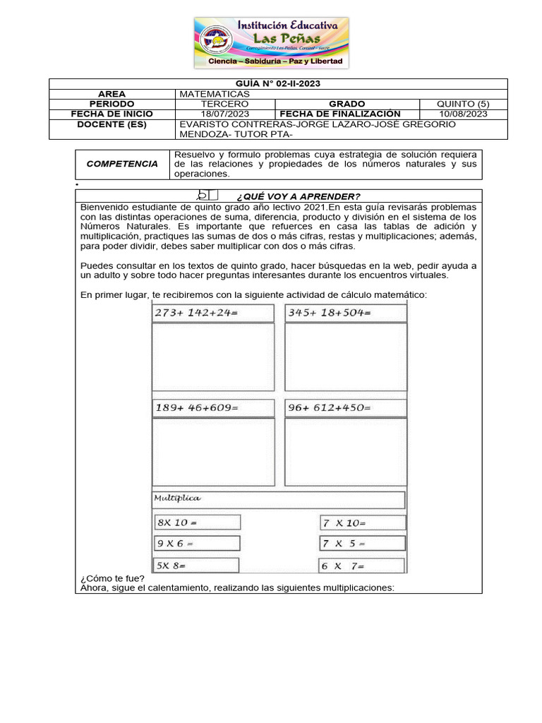 Problemas Matemáticos Quinto Grado | PDF | Multiplicación | Matemáticas