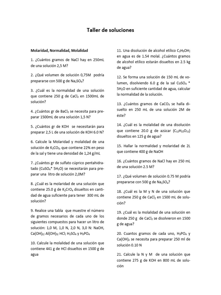 TALLER 1 SOLUCIONES (2) | PDF | Concentración | Ácido clorhídrico