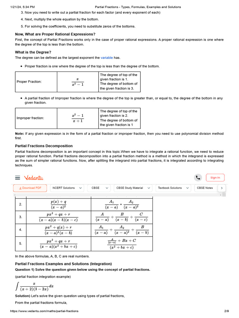 Partial Fractions - Types, Formulas, Examples and Solutions | PDF ...