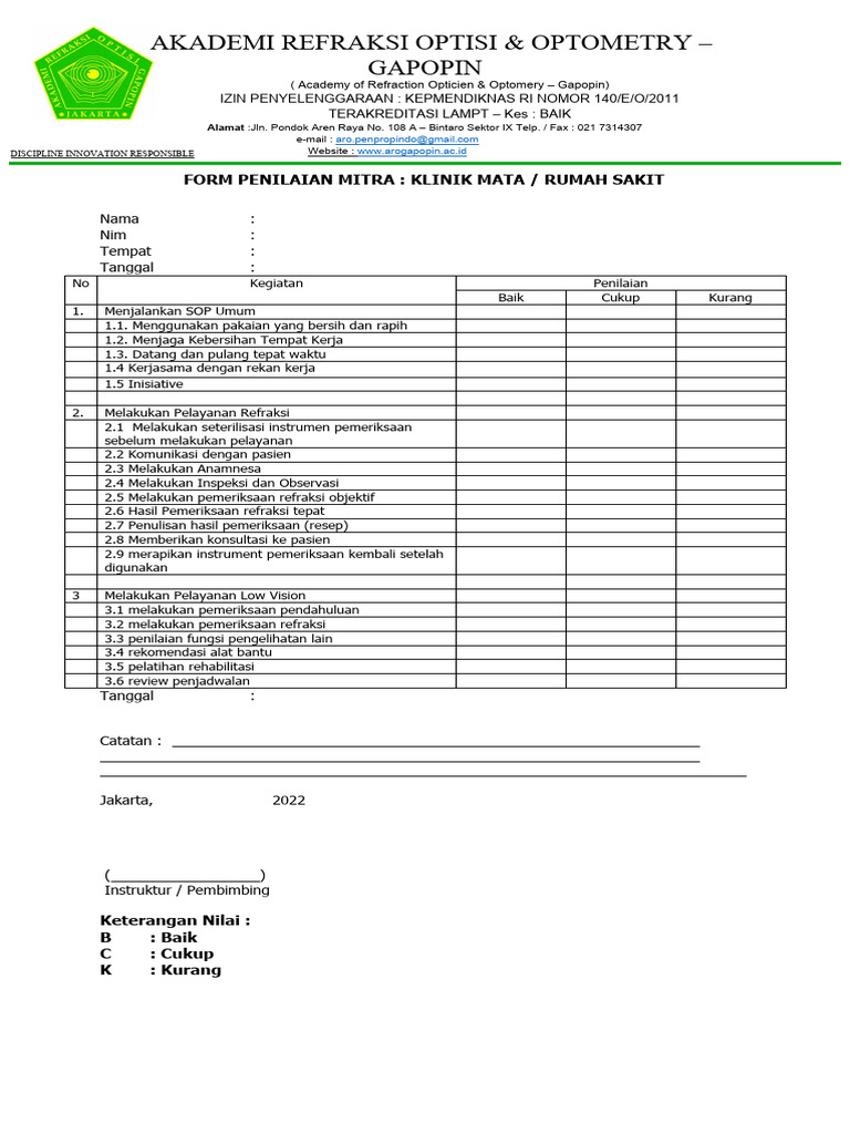 Form Penilaian Rs Dan Klinik Mata | PDF