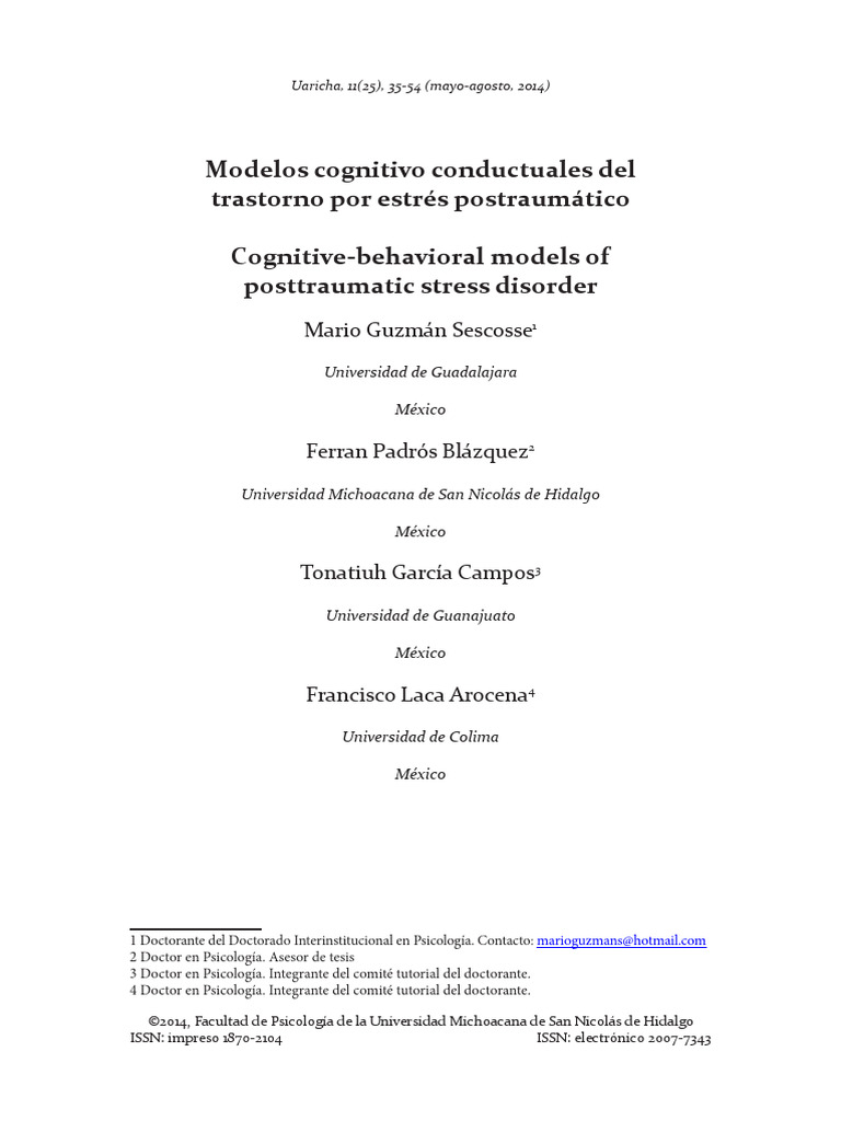 Modelos Cognitivo Conductuales Del Trast | PDF | Trauma psicólogico | Las emociones
