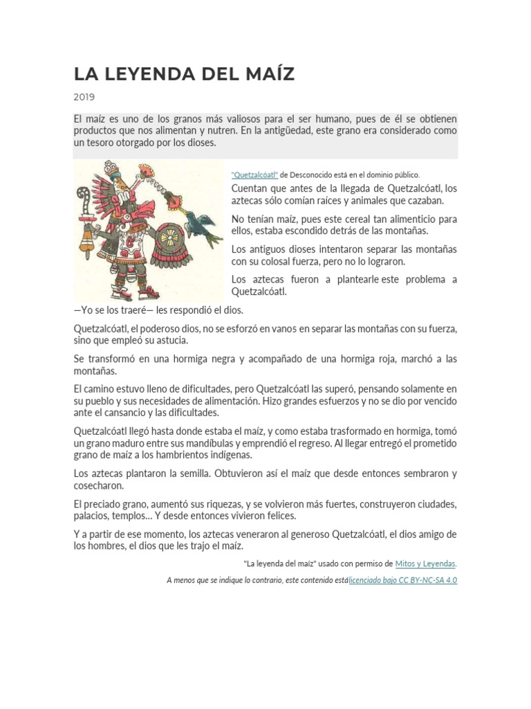 Quetzalcóatl y la Leyenda del Maíz | PDF