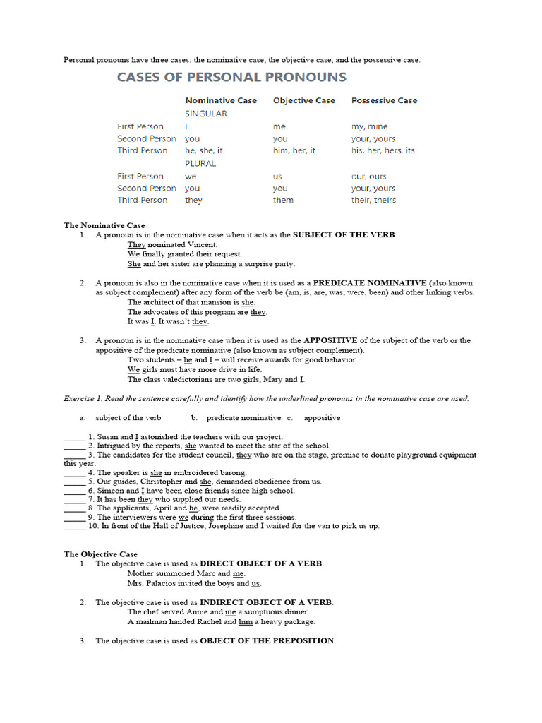 Cases of Personal Pronouns | PDF | Subject (Grammar) | Verb