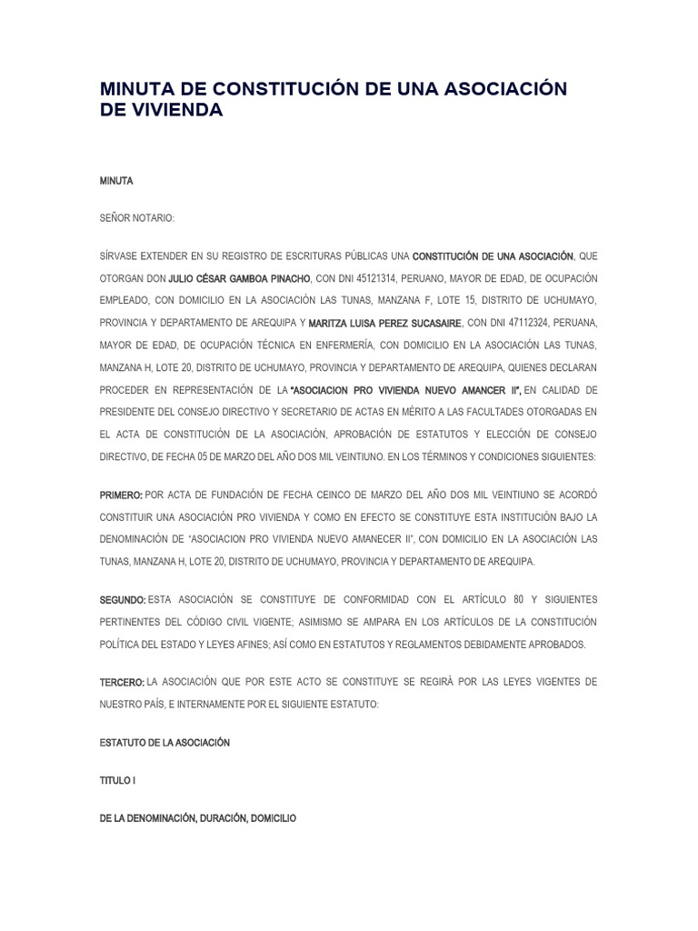 Minuta de Constitución de Una Asociación de Vivienda 002 | PDF | Fundación (sin fines de lucro ...