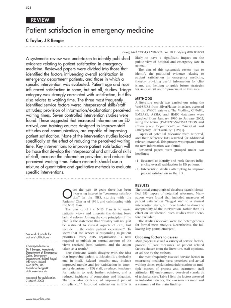 Patient Satisfaction in Emergency Medicine: Review | PDF | Job Satisfaction | Emergency Department