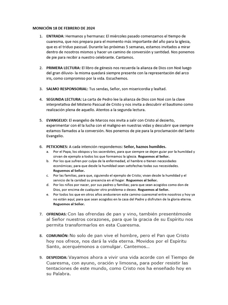 Monición 18 de Febrero de 2024 | PDF | Misa (liturgia) | eucaristía