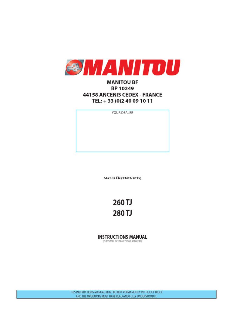 Manitou 260 TJ - 280 TJ Instruction Manual | PDF | Safety | Lubricant