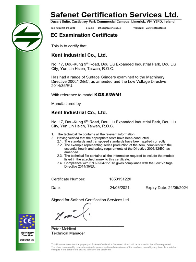 Surface Grinder Certificate | PDF | Directive (European Union)