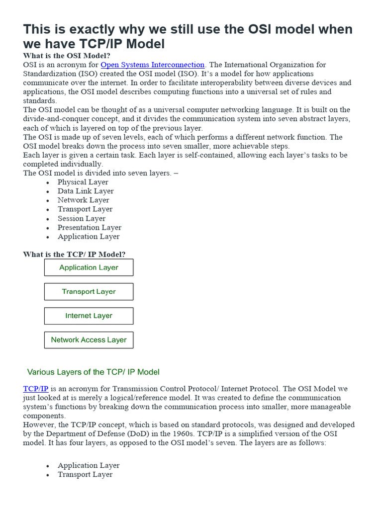 This is exactly why we still use the OSI model when we have TCP 17.01. ...
