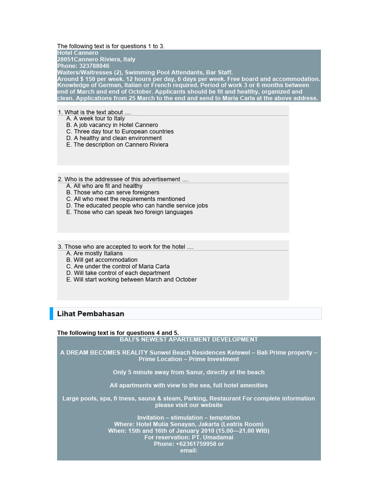 Soal Advertisement | PDF | Hotel