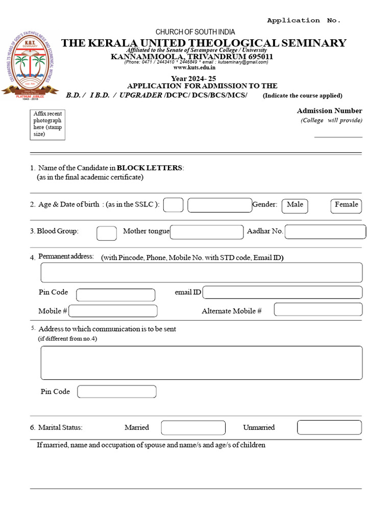 Kerala Seminary Admission Form 2024 | PDF | Qualifications | Vocational ...