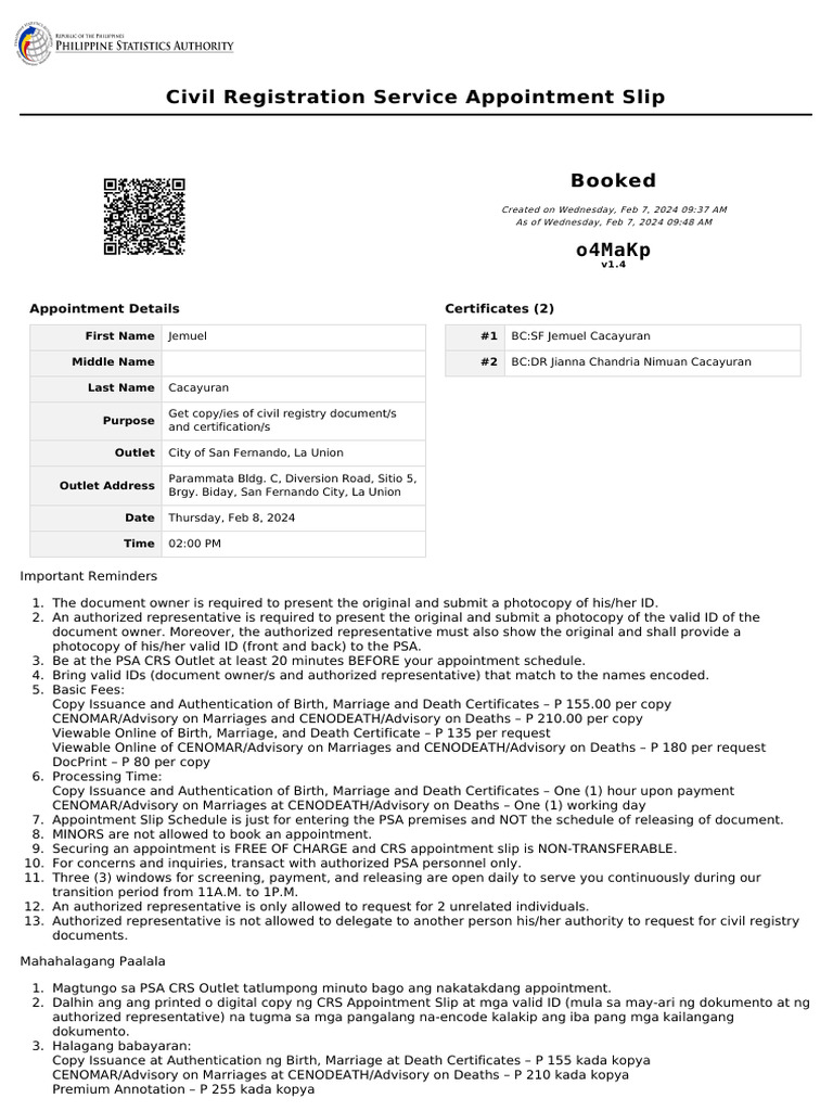 Civil Registration Service Appointment Slip | PDF