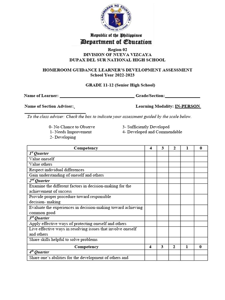 HOMEROOM GUIDANCE LEARNERS DEVELOPMENT ASSESSMENT sENIOR hIGH SCHOOL ...