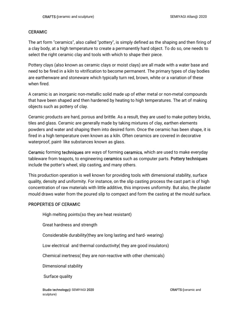 Fine Art Notes - CERAMIC Sculpture 2020 Notes | PDF