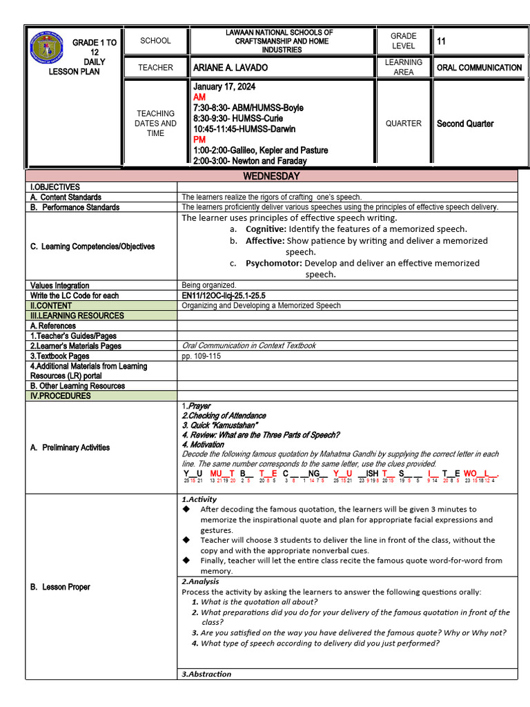 Grade 11 Oral Communication Lesson Plan | PDF | Learning | Cognitive Psychology