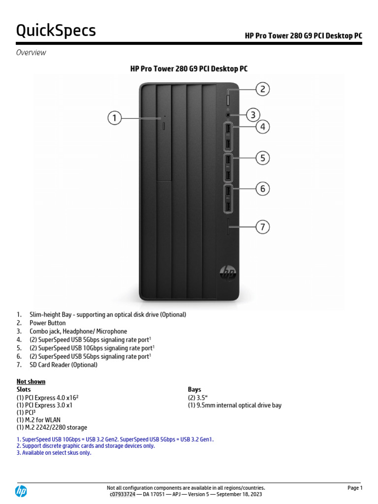 Quickspecs: HP Pro Tower 280 G9 Pci Desktop PC | PDF | Solid State Drive | Usb