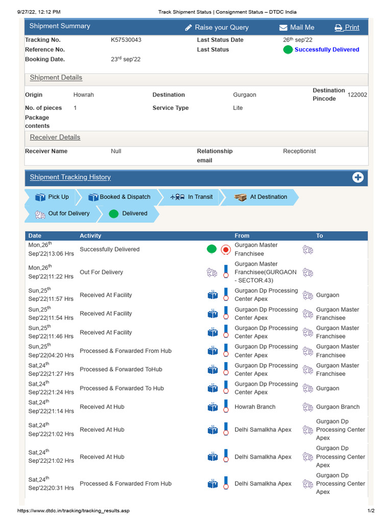 Track Shipment Status - Consignment Status - DTDC India | PDF ...