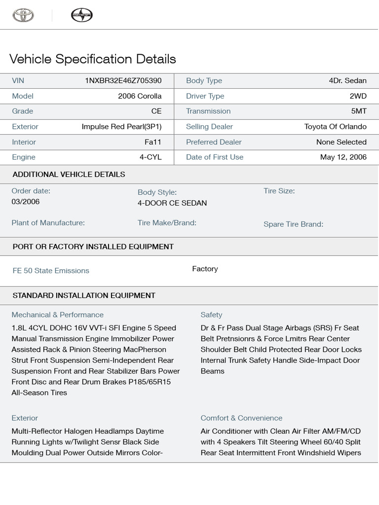 Vehicle Specification Details | PDF | Toyota | Product Introductions