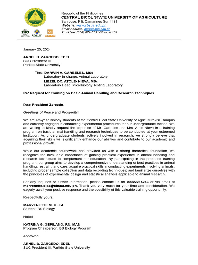 Letter of Request Training On Animal Handling | PDF | Science | Methodology