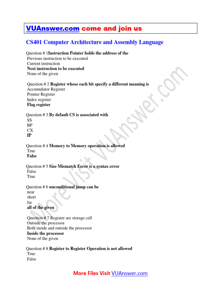 CS401 Mcqs For Final Term | PDF | Central Processing Unit | Assembly Language