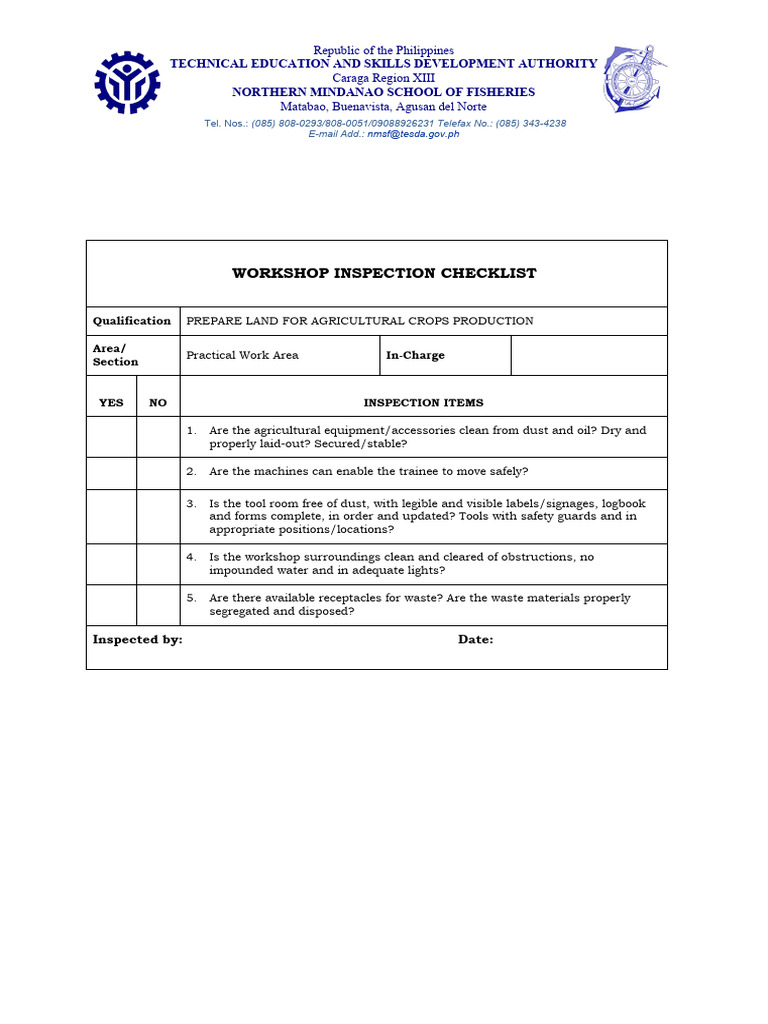 Workshop Inspection Checklist Template | PDF