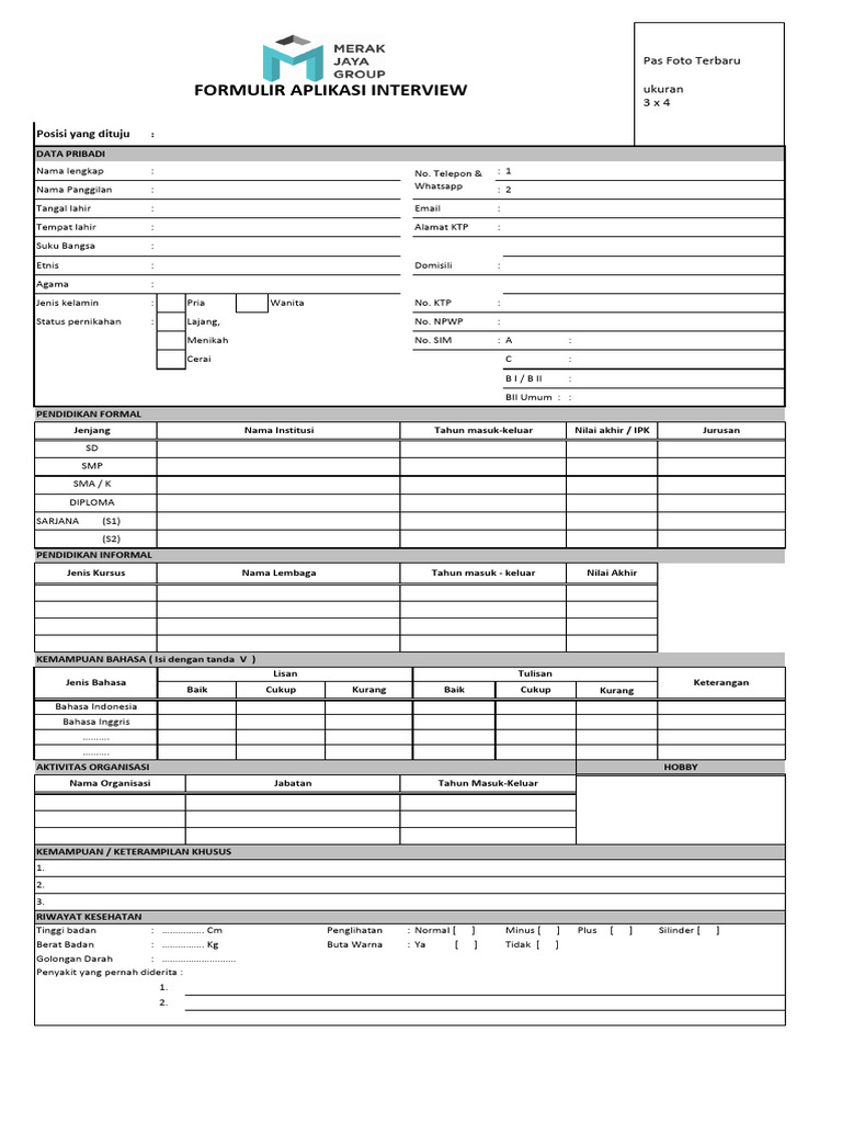Formulir Aplikasi Kerja MJB HRD | PDF