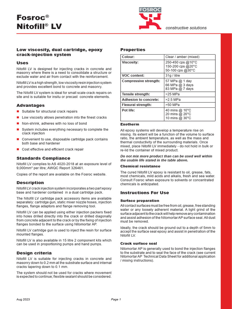 Fosroc Nitofill LV TDS | PDF | Epoxy | Concrete