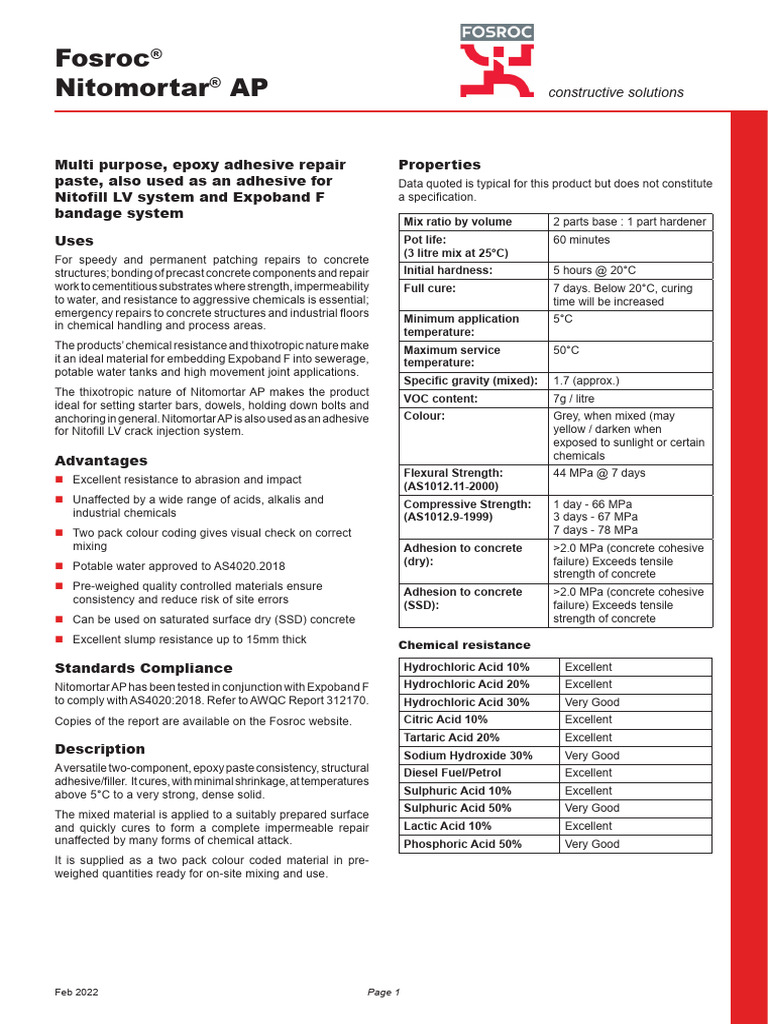 Fosroc Nitomortar AP TDS | PDF | Concrete | Adhesive