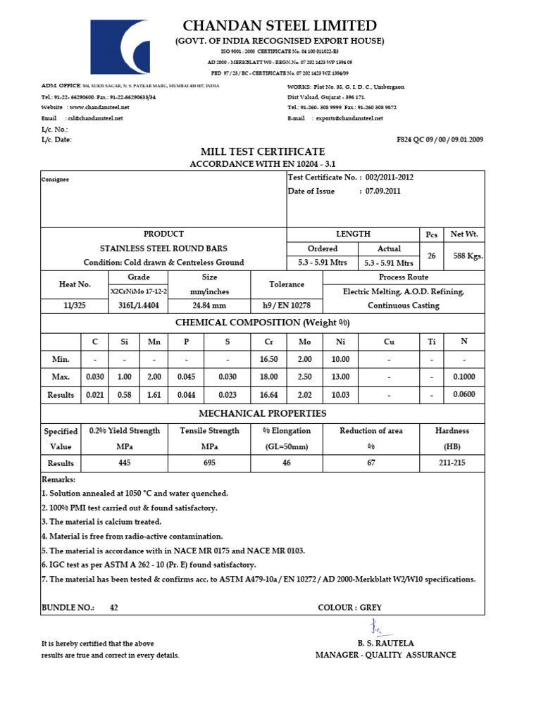 Mill Test Certificate for Stainless Steel | PDF | Chemistry | Chemical ...