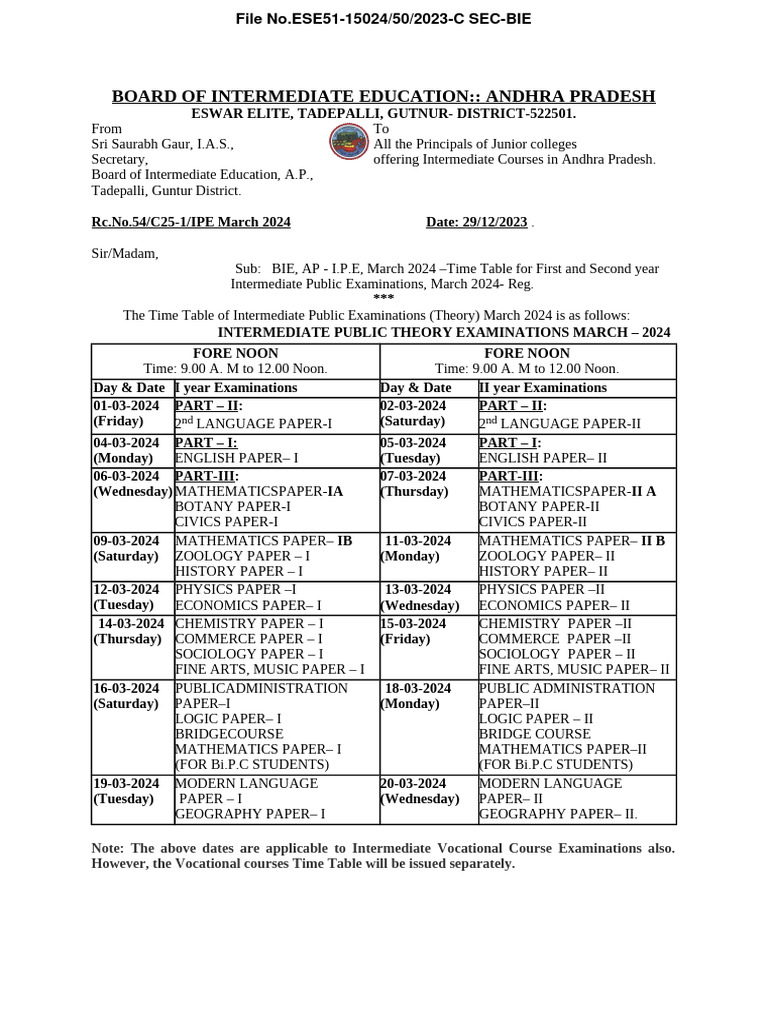 AP Intermediate Exam Schedule 2024 | PDF | Science & Mathematics ...