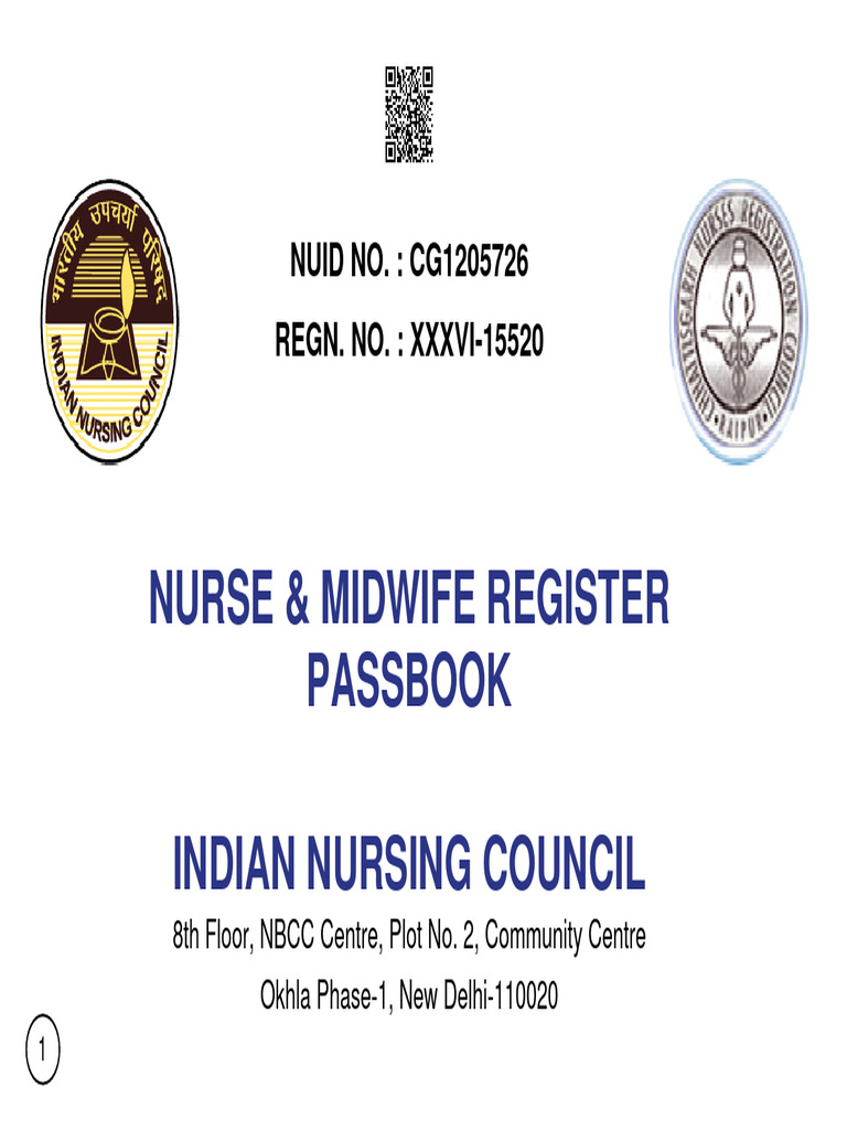 Nurse & Midwife Register Passbook Indian Nursing Council: NUID NO ...