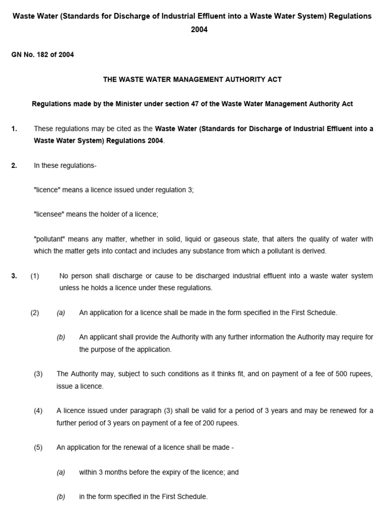 Waste Water Standards For Discharge of Industrial Effluent Into A Waste ...