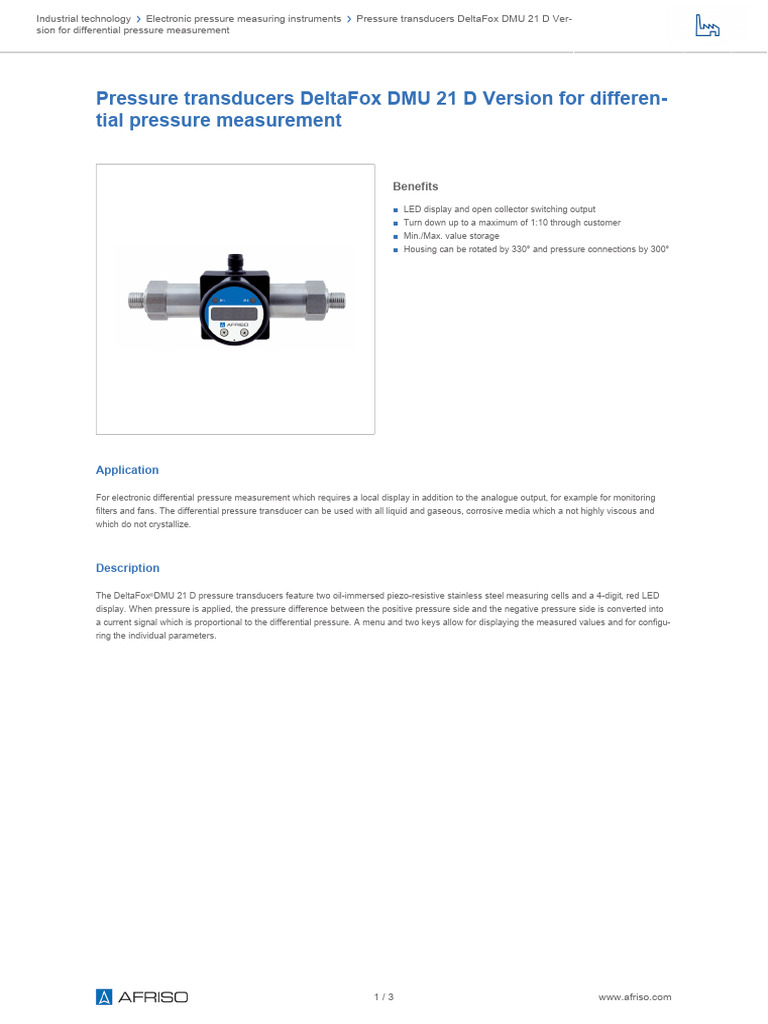Pressure Transducers DeltaFox DMU 21 D Version For Differential ...