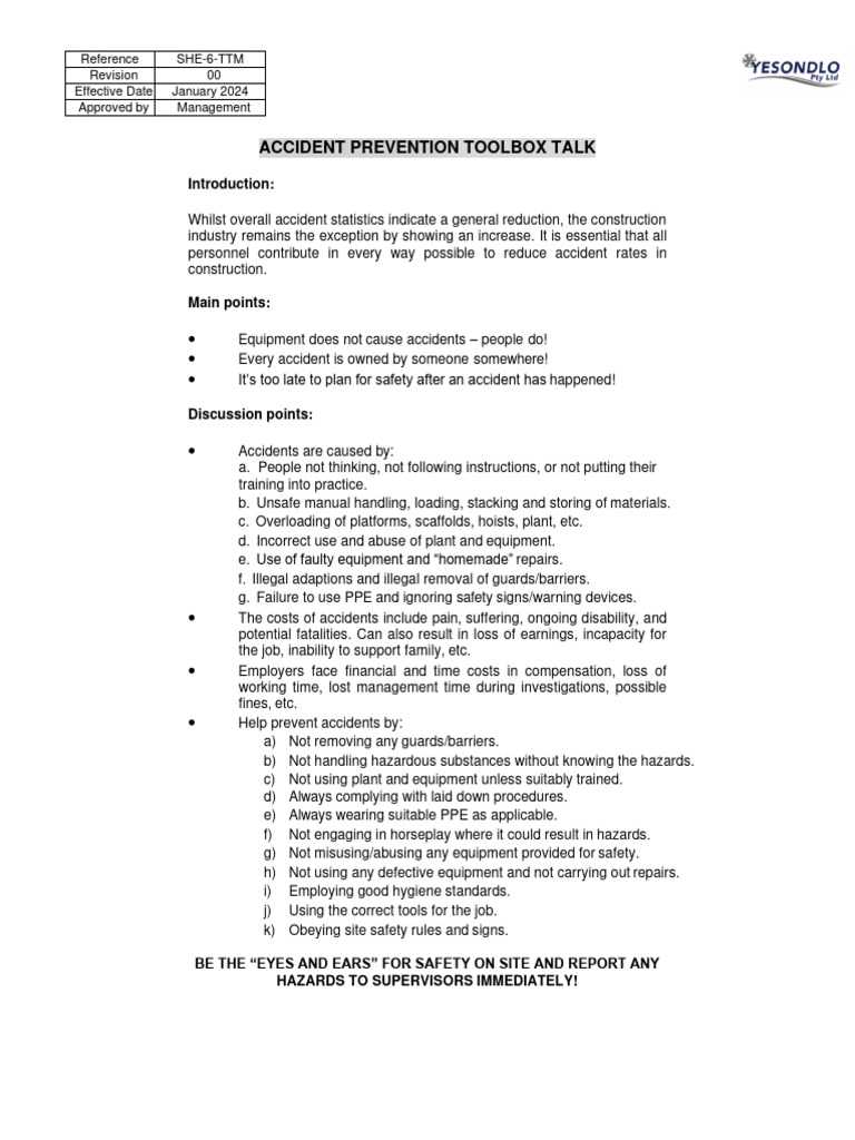 Accident Prevention Toolbox Talk | PDF | Occupational Safety And Health ...