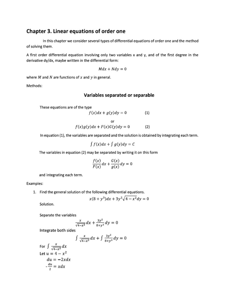 Chapter 3 Linear Equations Of Order One Pdf