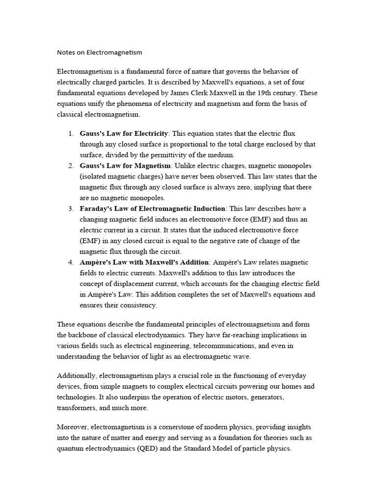 Notes on Electromagnetism | PDF | Electromagnetism | Magnetic Field