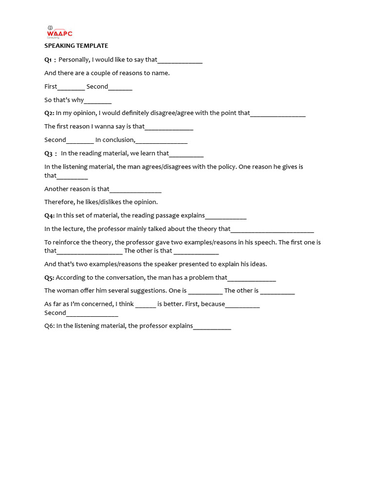 Speaking Template Pdf