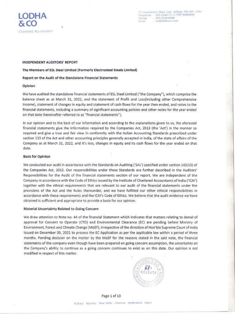 ESL Steels Limited - Audit Statement | PDF