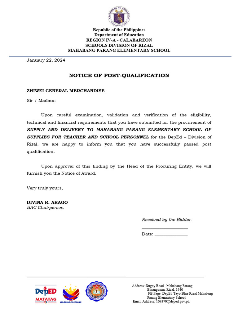 Mpes Notice of Post-Qualification | PDF
