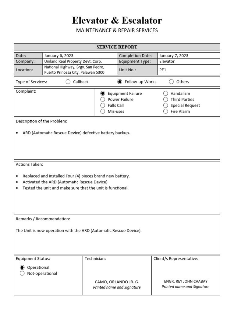 Elevator Service Report PE1 | PDF