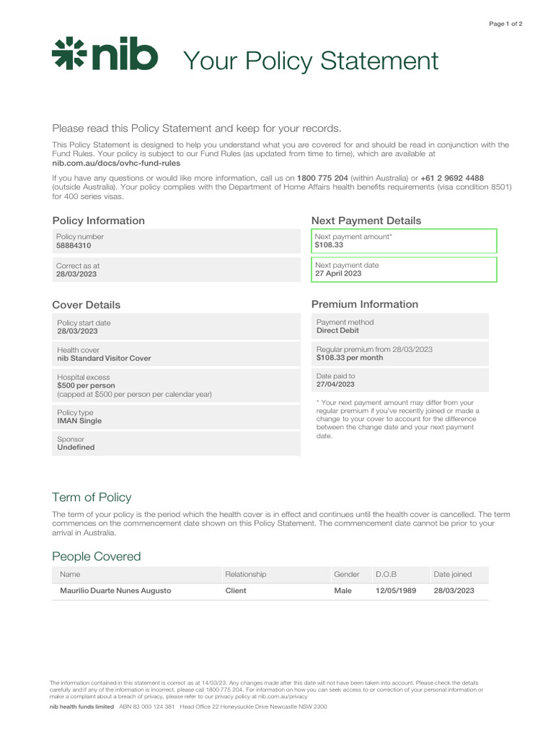 NIB SVC Policy Statement | PDF | Hospital | Insurance