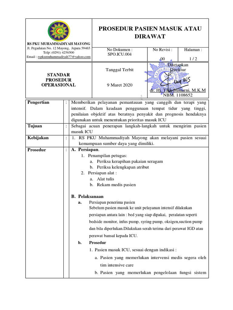 Sop Prosedur Penerimaan Pasien Icu Pdf