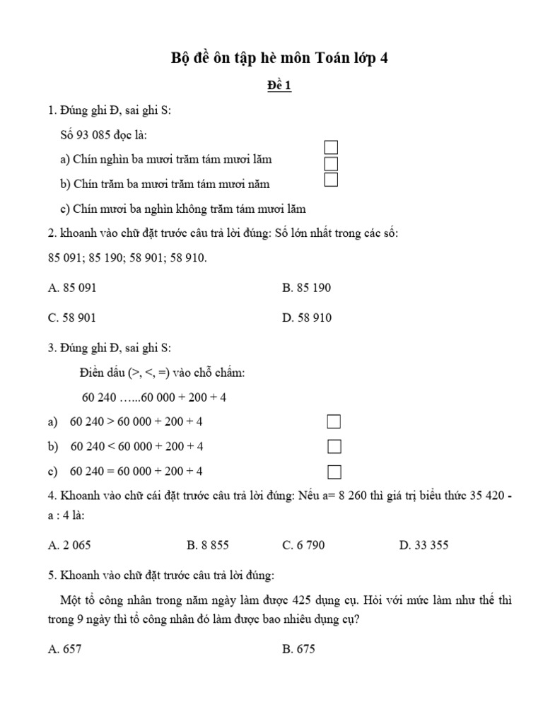 Bo de On Tap He Mon Toan Lop 4 | PDF