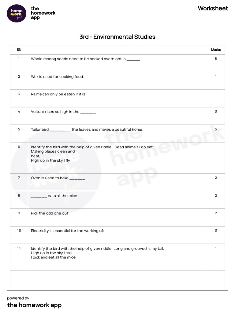 Questions - Worksheet - 3rd - Environmental Studies - 2024-02-13T12 ...