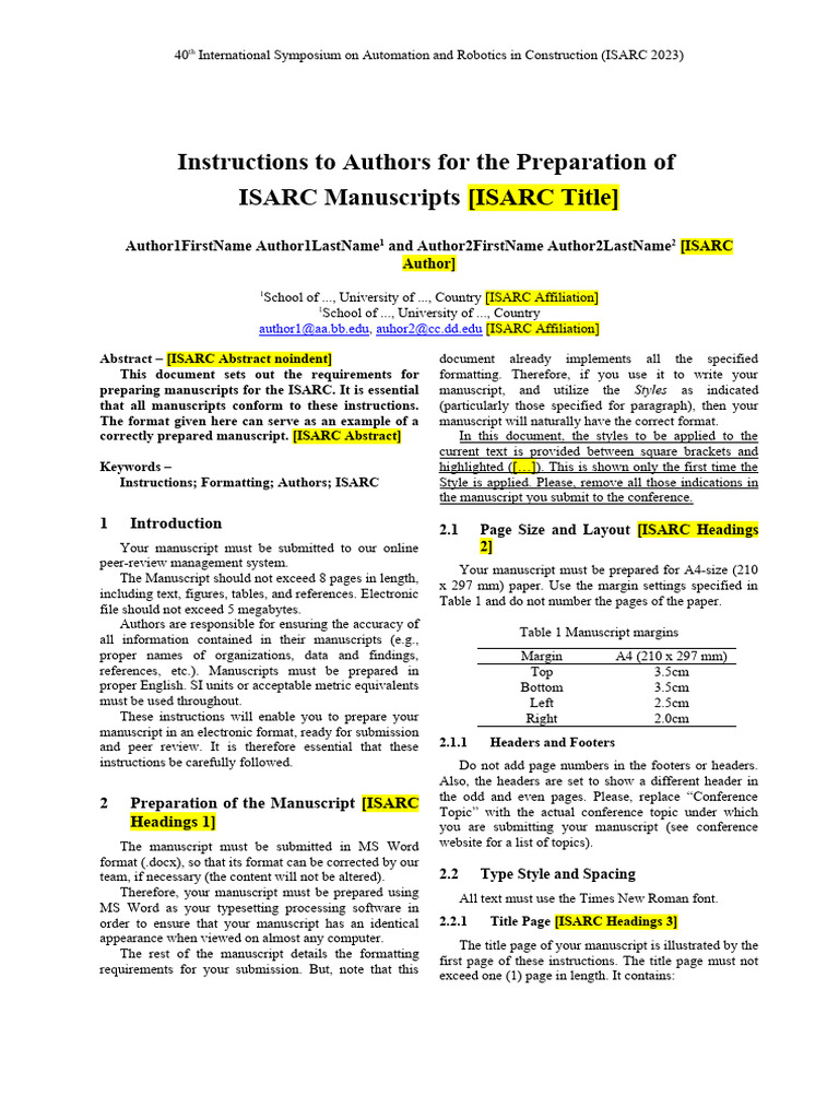 ISARC 2023 Manuscript Guidelines | PDF | Paragraph | Microsoft Word